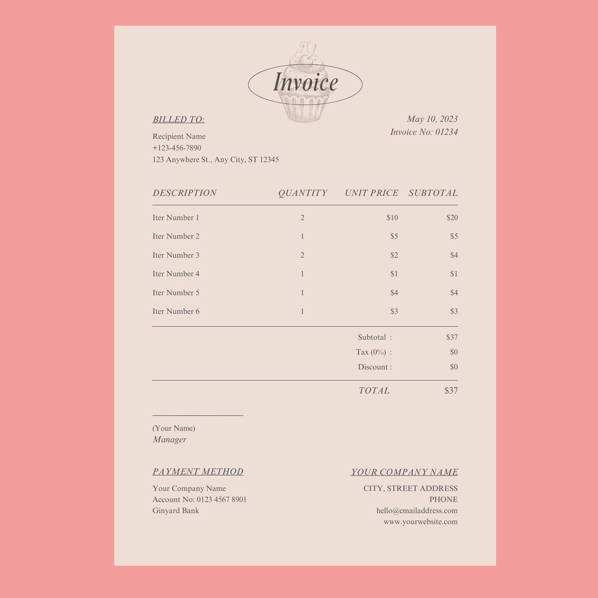Editable Bakery Invoice Templateinvoice Editable Template - Etsy Hong Kong