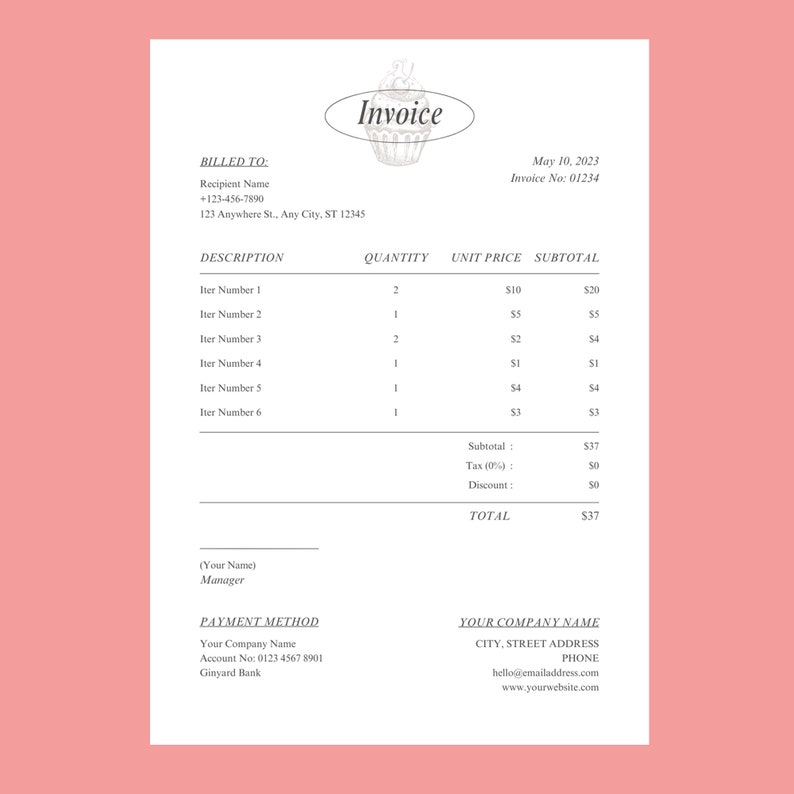 Editable Bakery Invoice Templateinvoice Editable Template - Etsy México