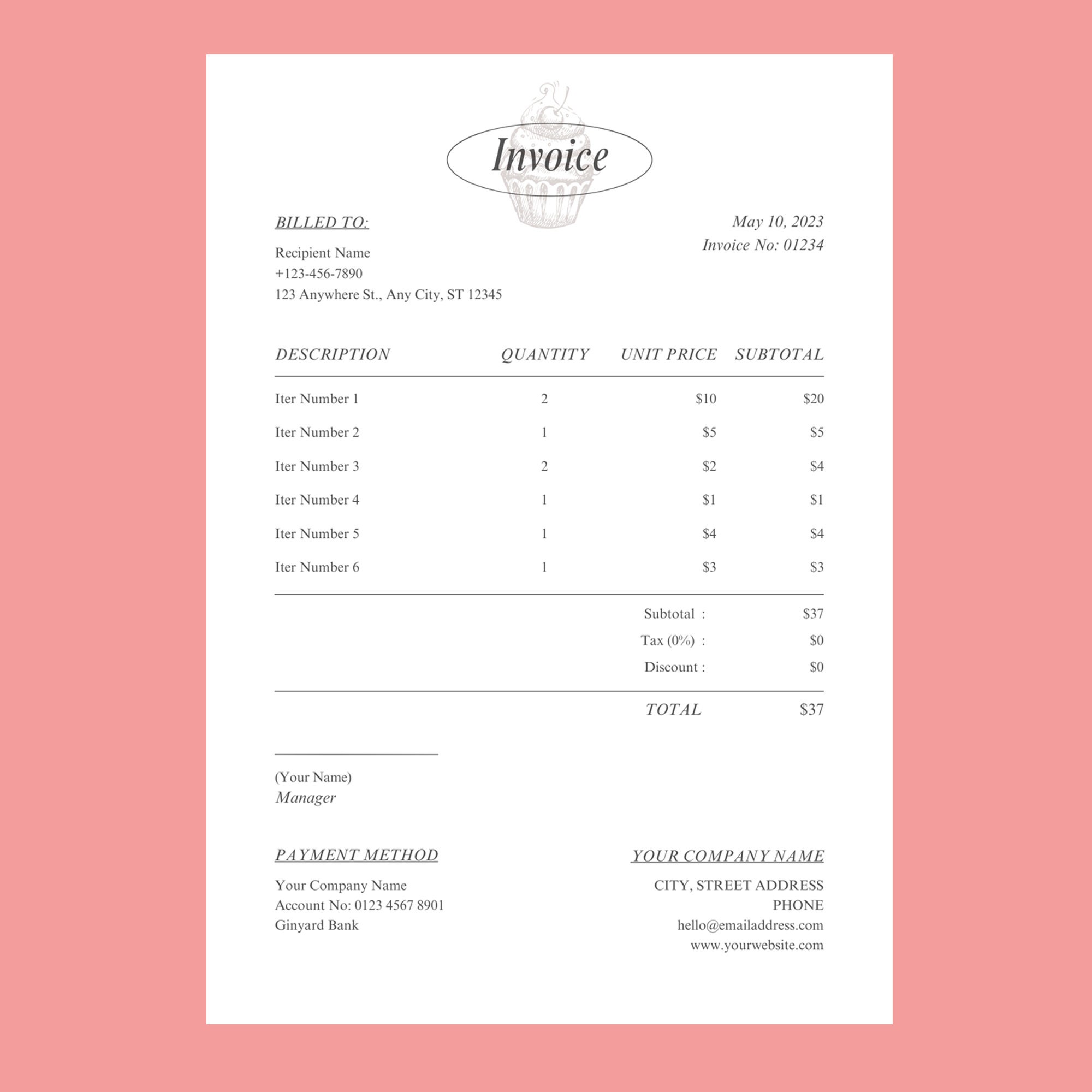Editable Bakery Invoice Templateinvoice Editable Template - Etsy México