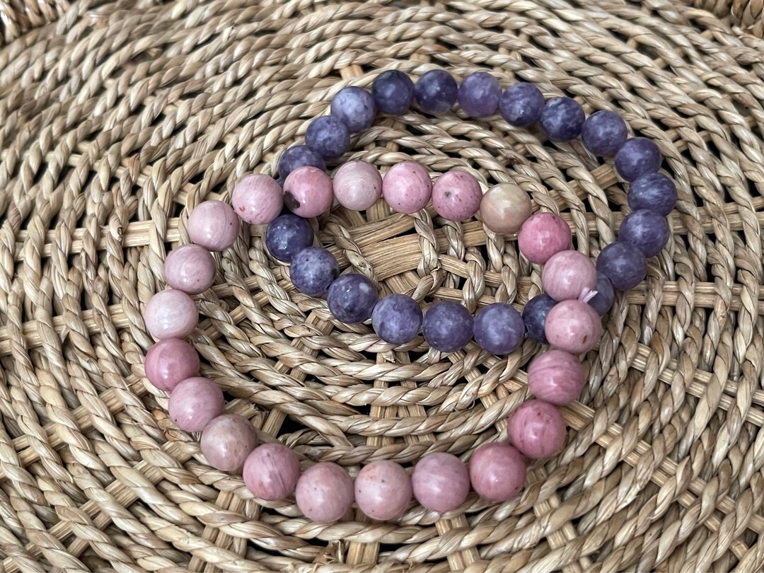 Genuine Rhodonite Pink Stretch Bracelet Lepidolite Purple Mood Crystal ...