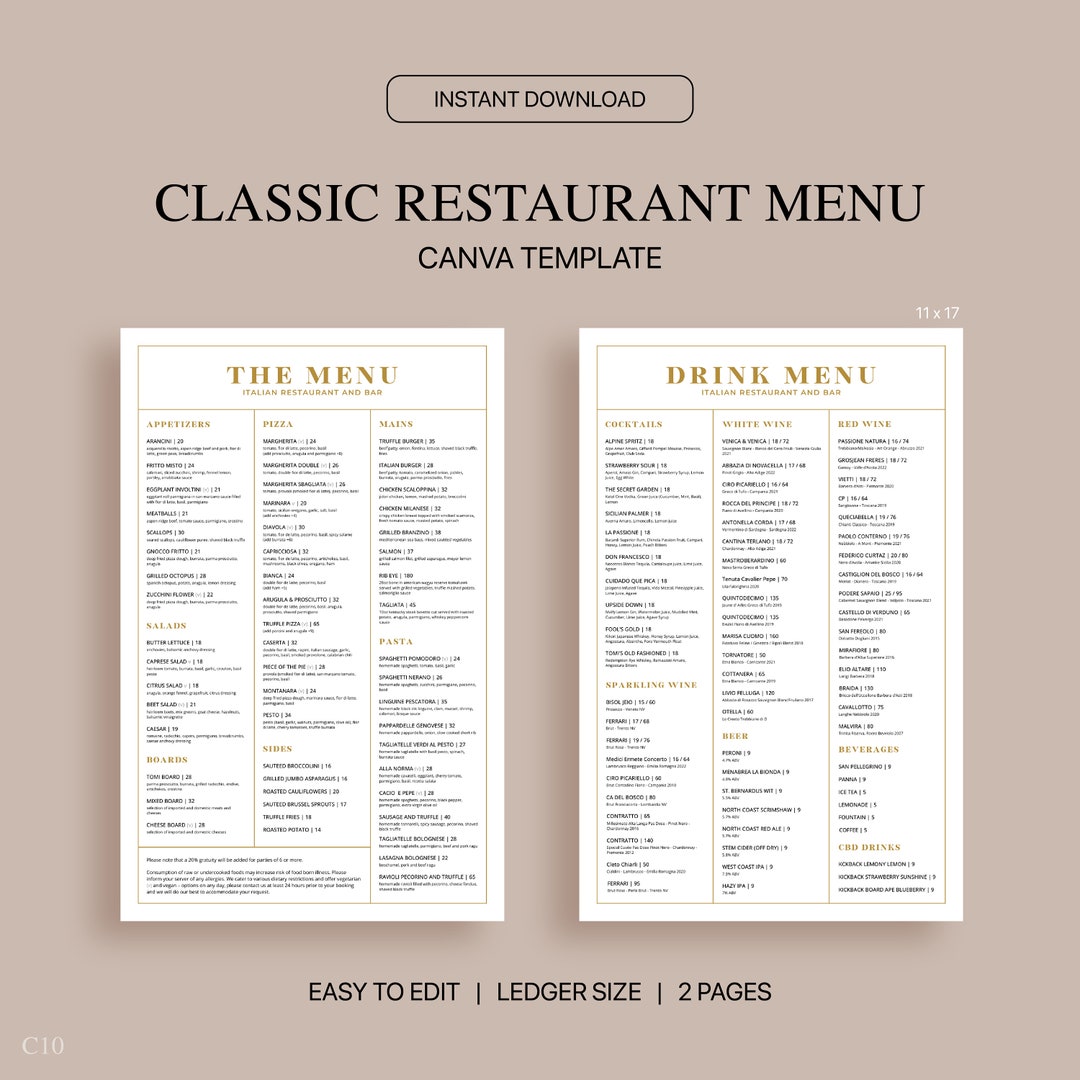 Classic Restaurant Menu Canva Template, Editable Restaurant Menu ...