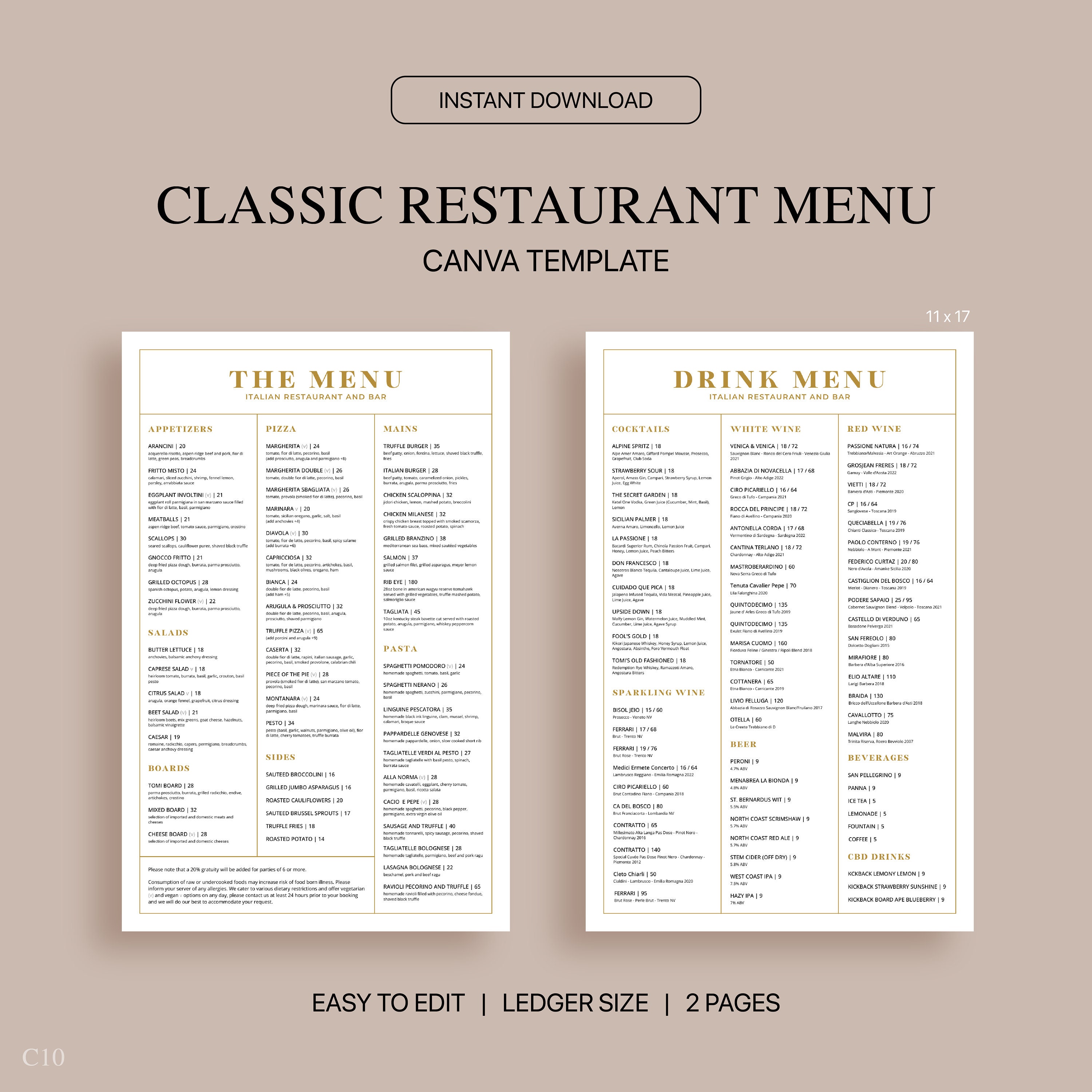 Classic Restaurant Menu Canva Template, Editable Restaurant Menu ...