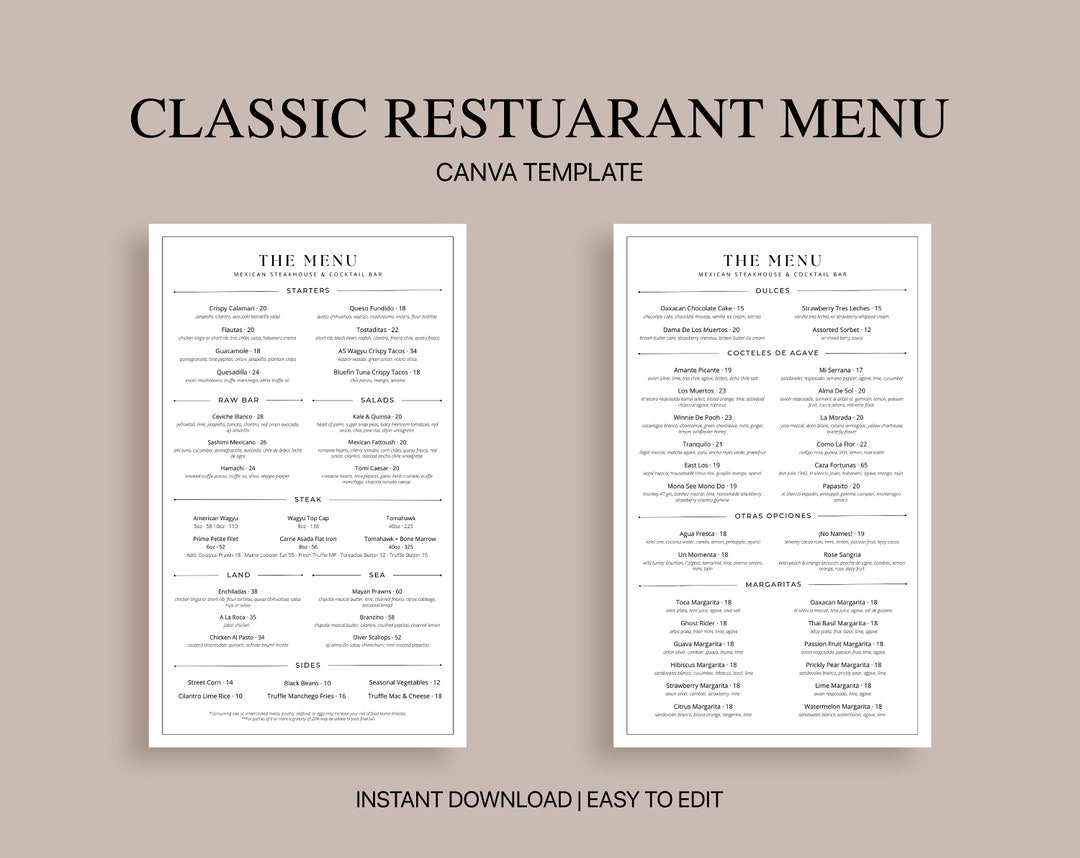 Classic Restaurant Menu Canva Template Editable Restaurant - Etsy