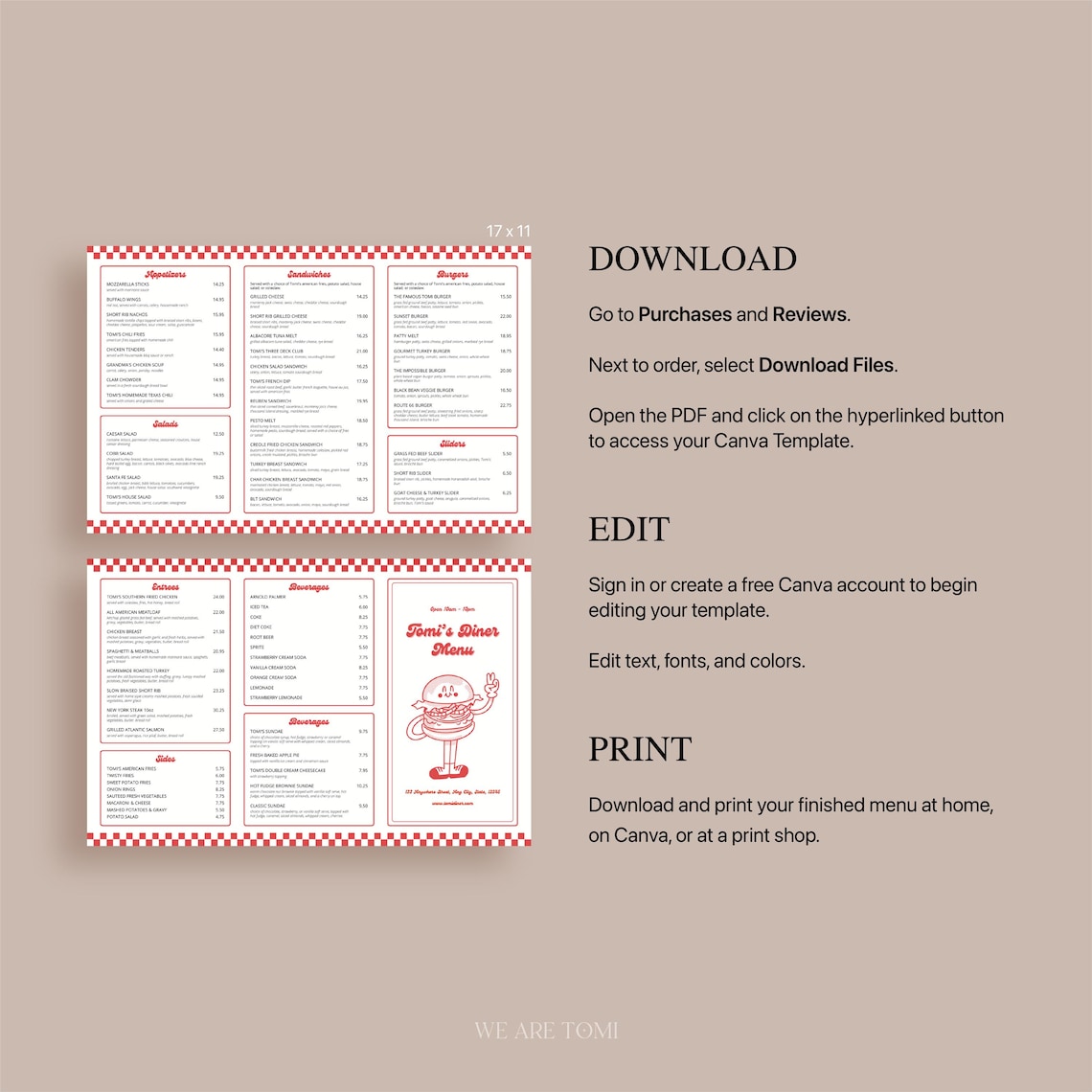 Retro Diner Menu Canva Template: Editable Trifold (ledger 17x11 ...