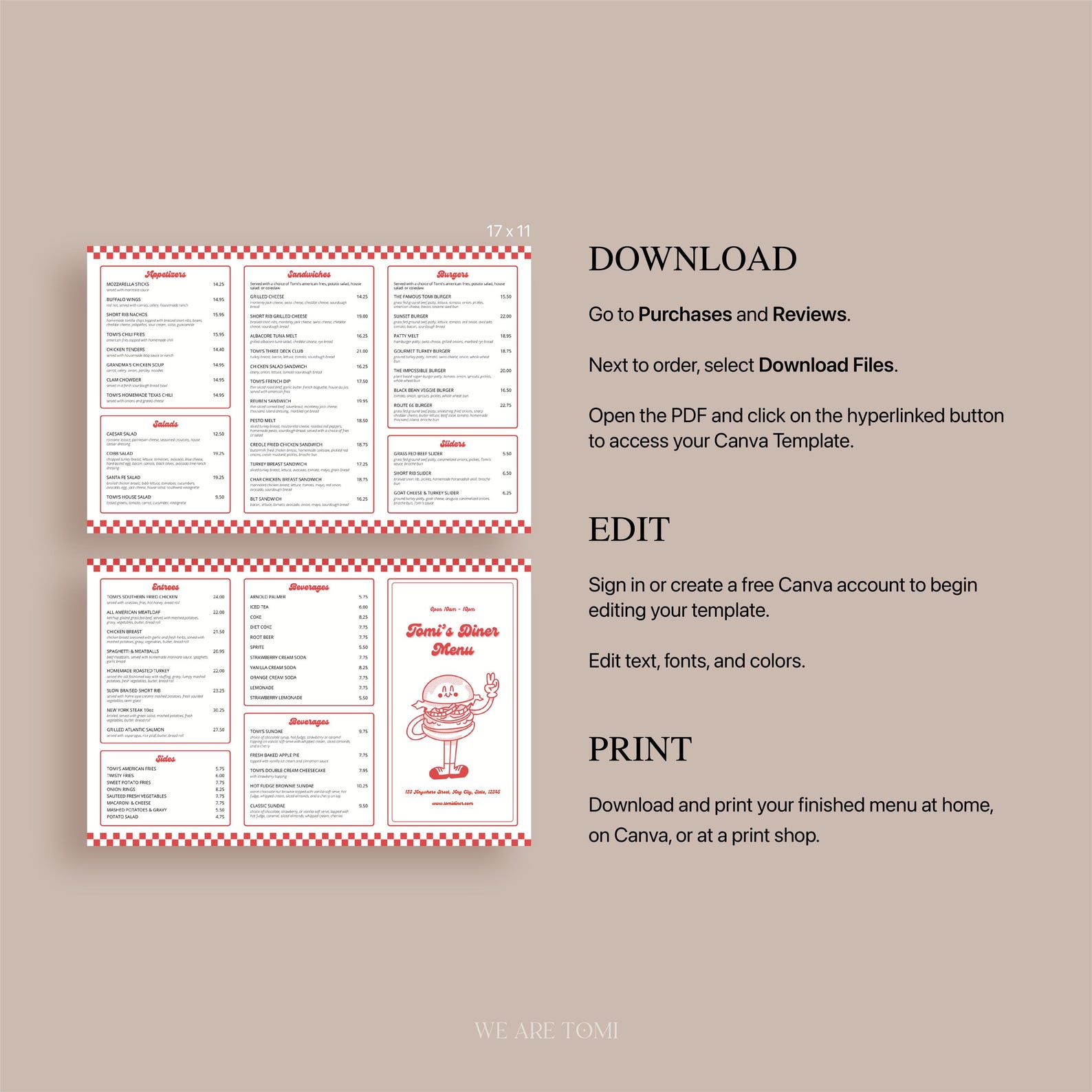 Retro Diner Menu Canva Template: Editable Trifold (ledger 17x11 ...