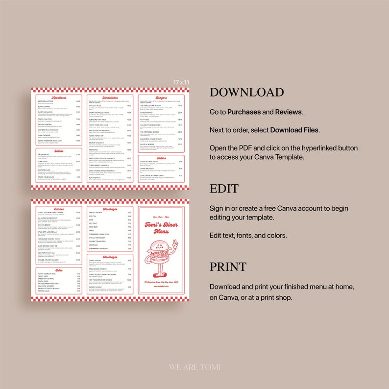 Retro Diner Menu Canva Template: Editable Trifold (ledger 17x11 ...