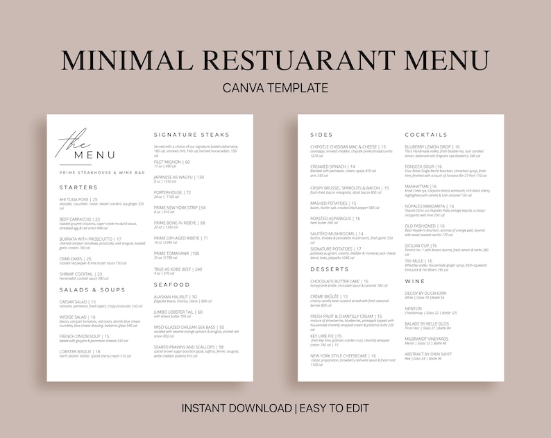 Minimal Restaurant Menu Canva Template Editable Restaurant - Etsy