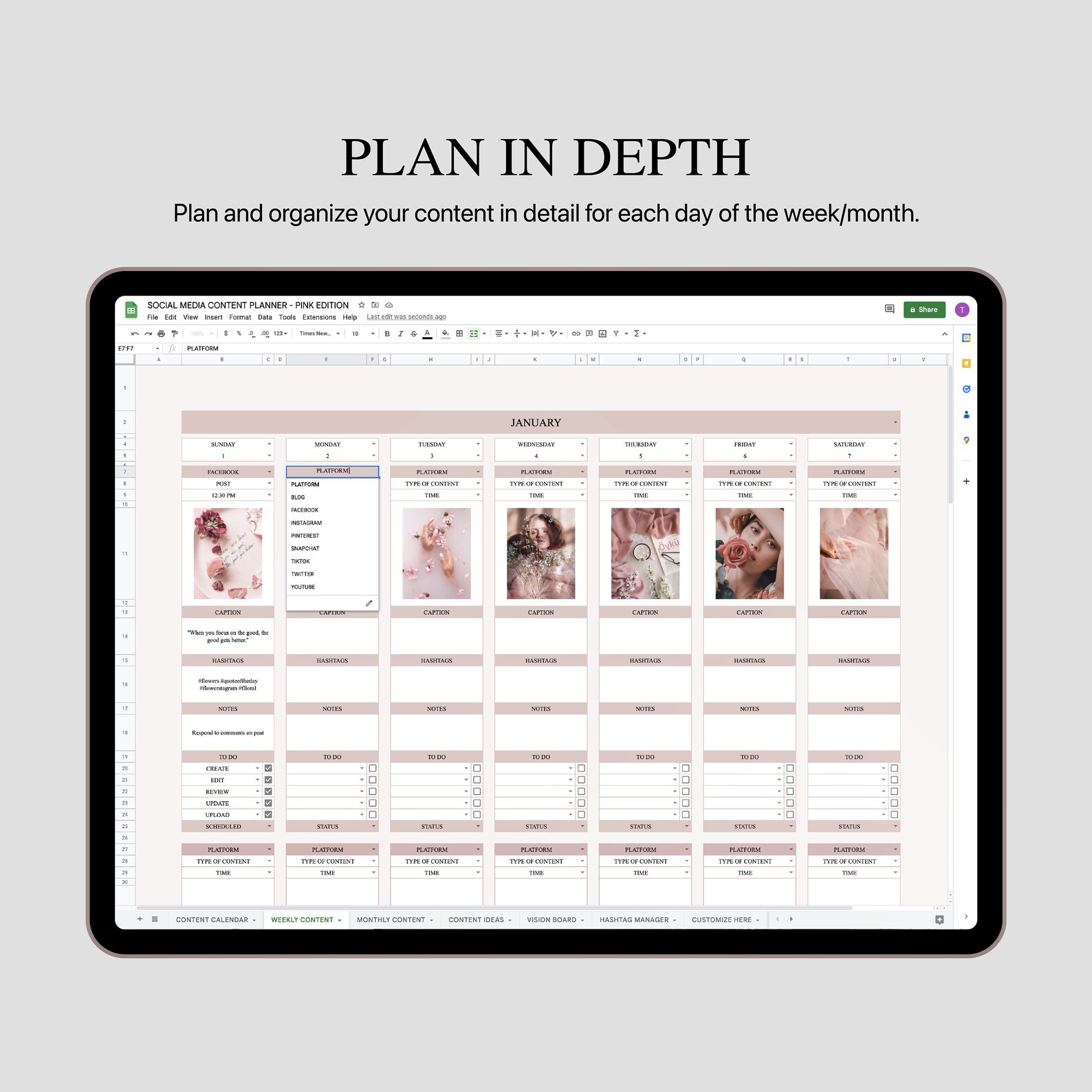 Content Planner Google Sheets, Social Media Content Calendar, Social ...