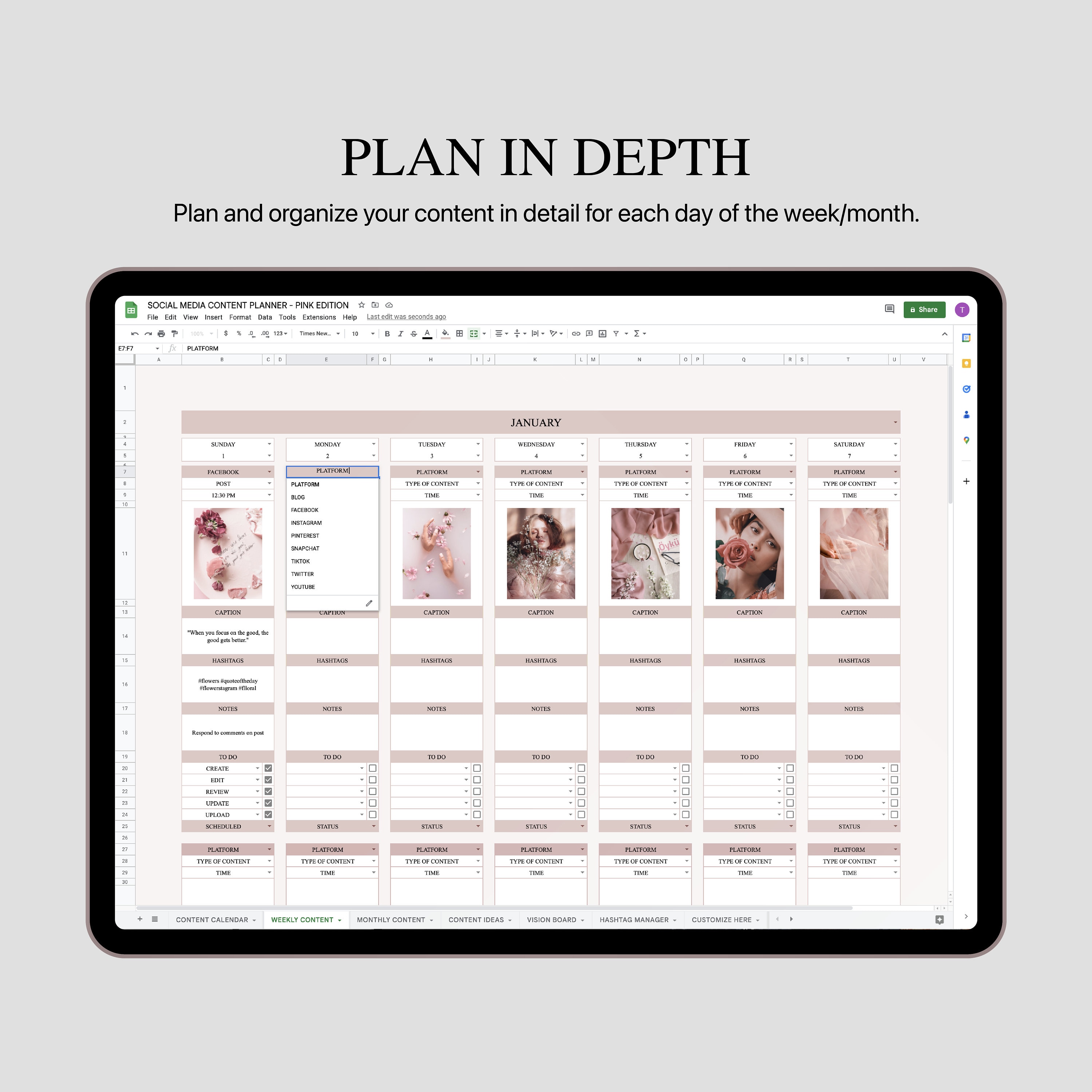 Content Planner Google Sheets, Social Media Content Calendar, Social ...