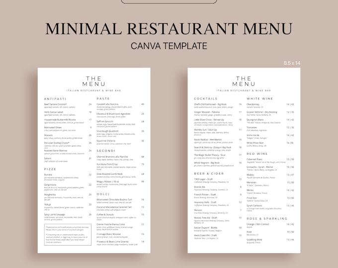 Classic Restaurant Menu Canva Template: Editable Minimalist Design ...
