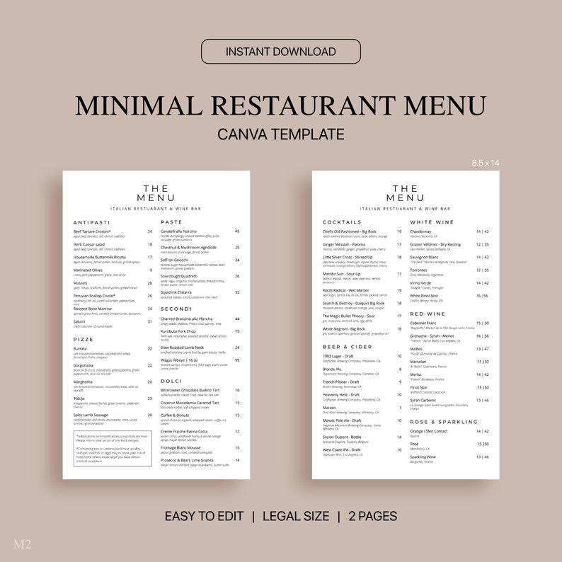 Minimal Restaurant Menu Canva Template: Legal Size (instant Download ...