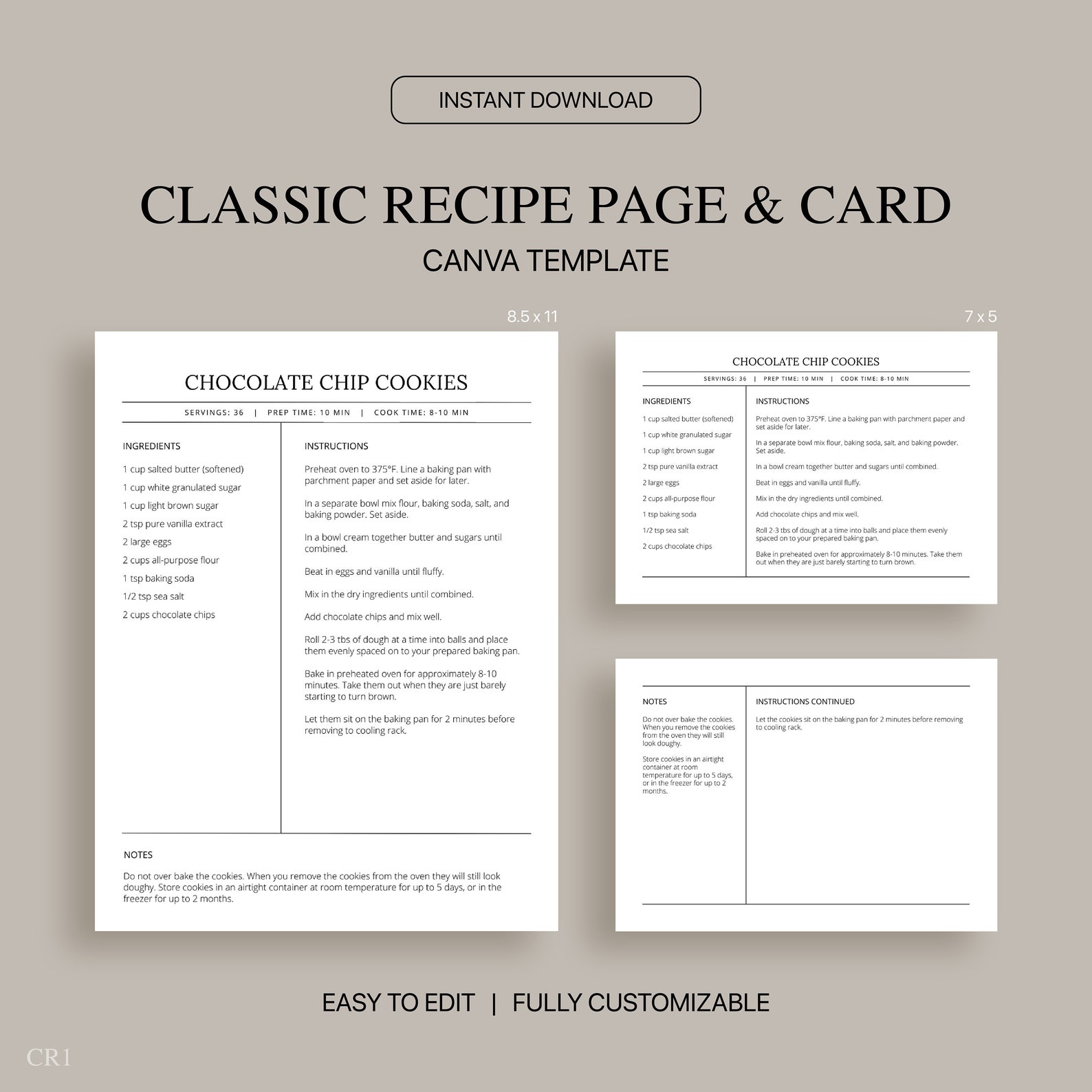 Classic Recipe Card Template, Printable Recipe Book Page Template ...