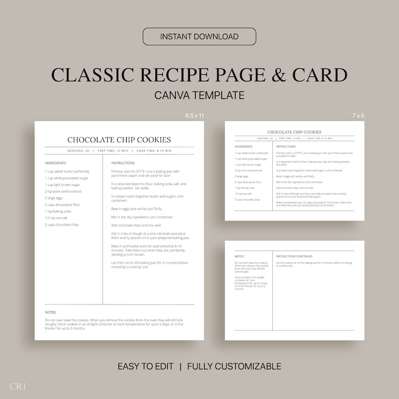 Printable Recipe Card Template, Editable Cookbook Page (canva) - Etsy