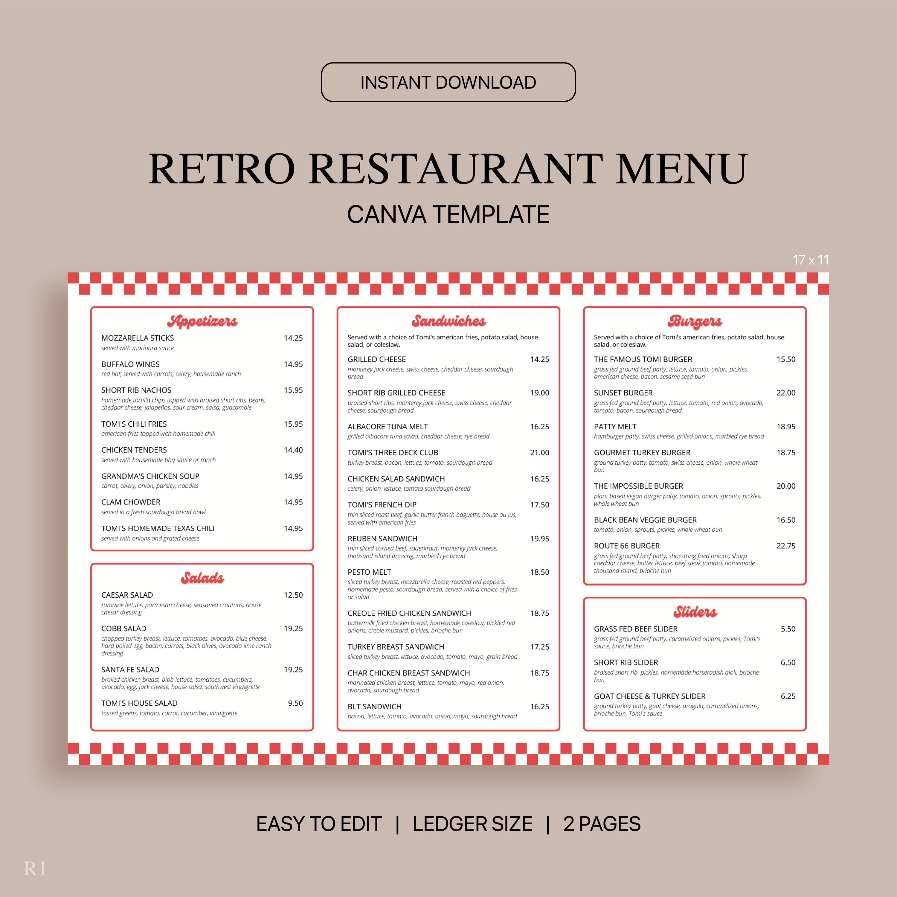 Retro Diner Menu Canva Template: Editable Trifold (ledger 17x11 ...