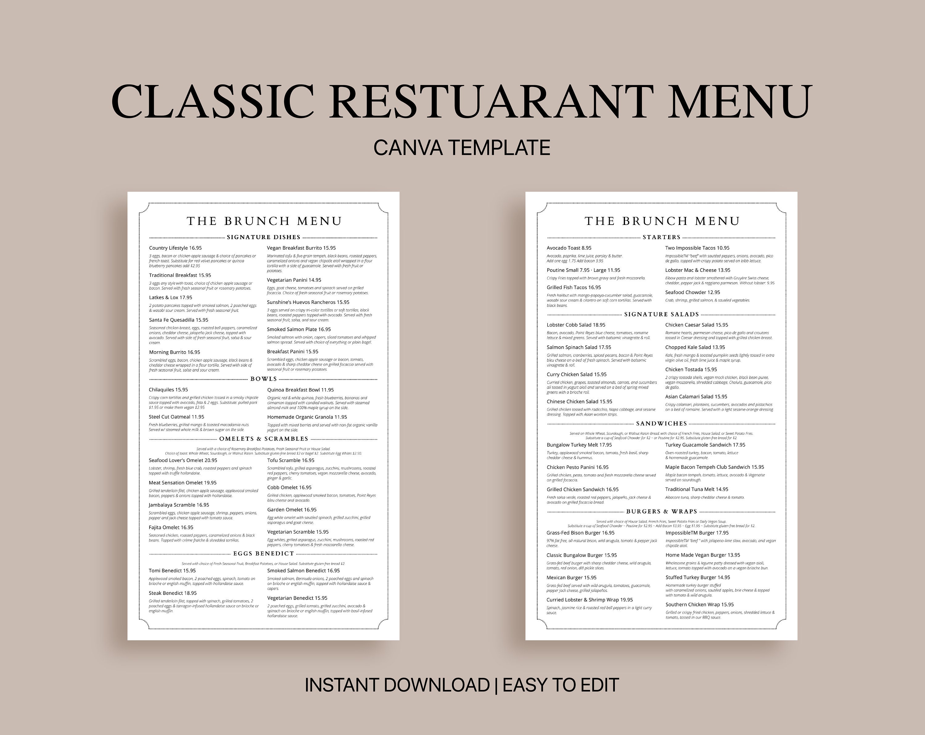 Classic Restaurant Menu Canva Template Editable Restaurant - Etsy Canada