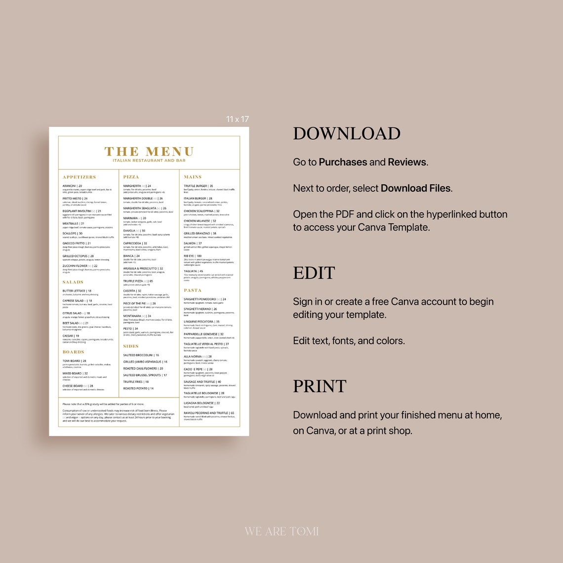 Classic Restaurant Menu Canva Template: Editable 11x17 (digital ...