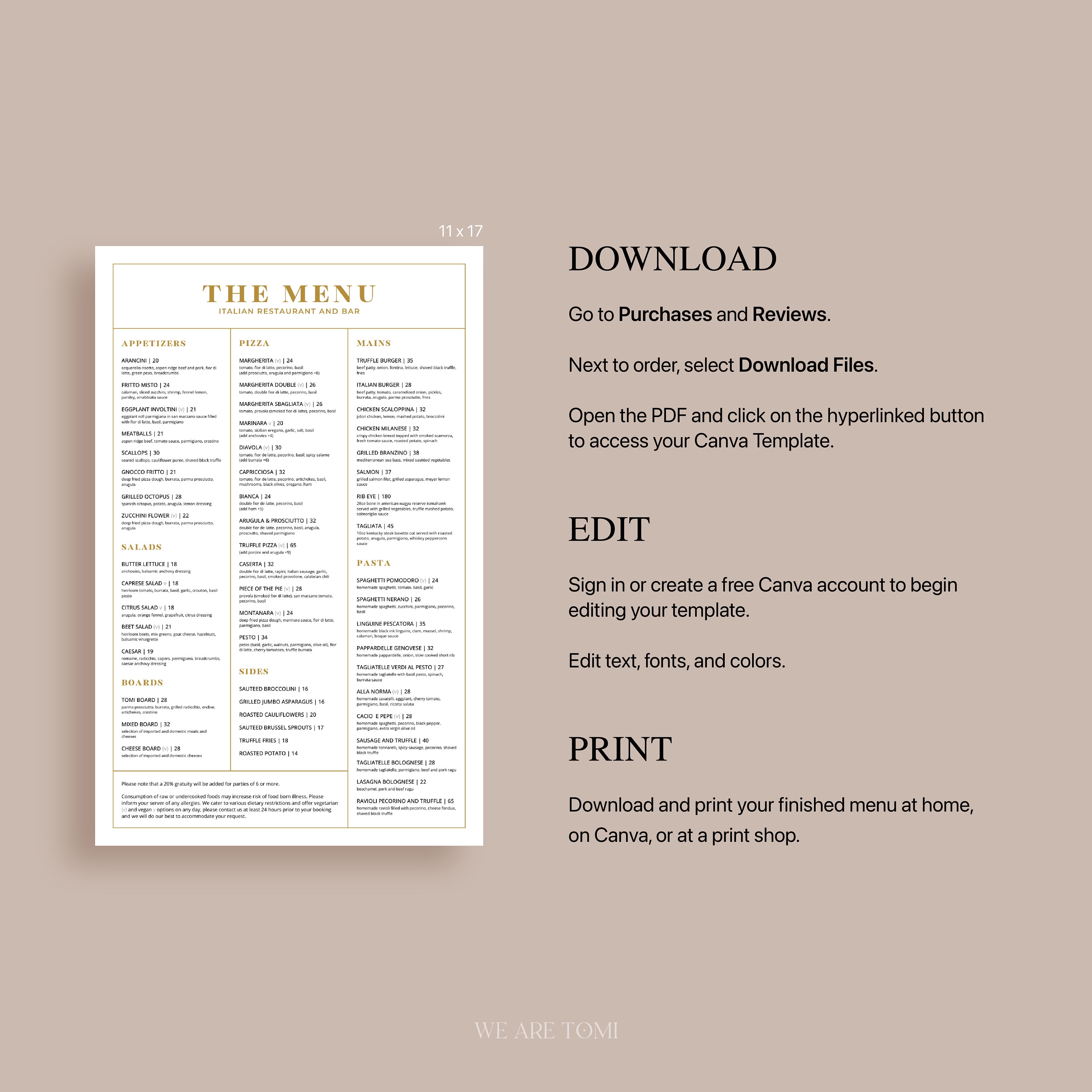 Classic Restaurant Menu Canva Template: Editable 11x17 (digital ...