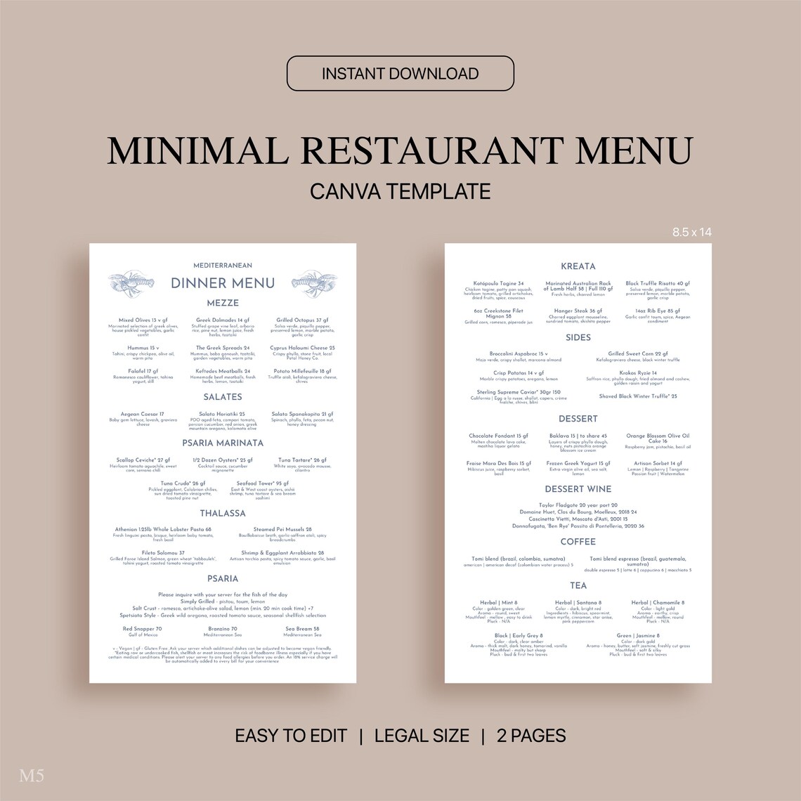 Minimal Restaurant Menu Canva Template (8.5x14 Legal Size) - Etsy