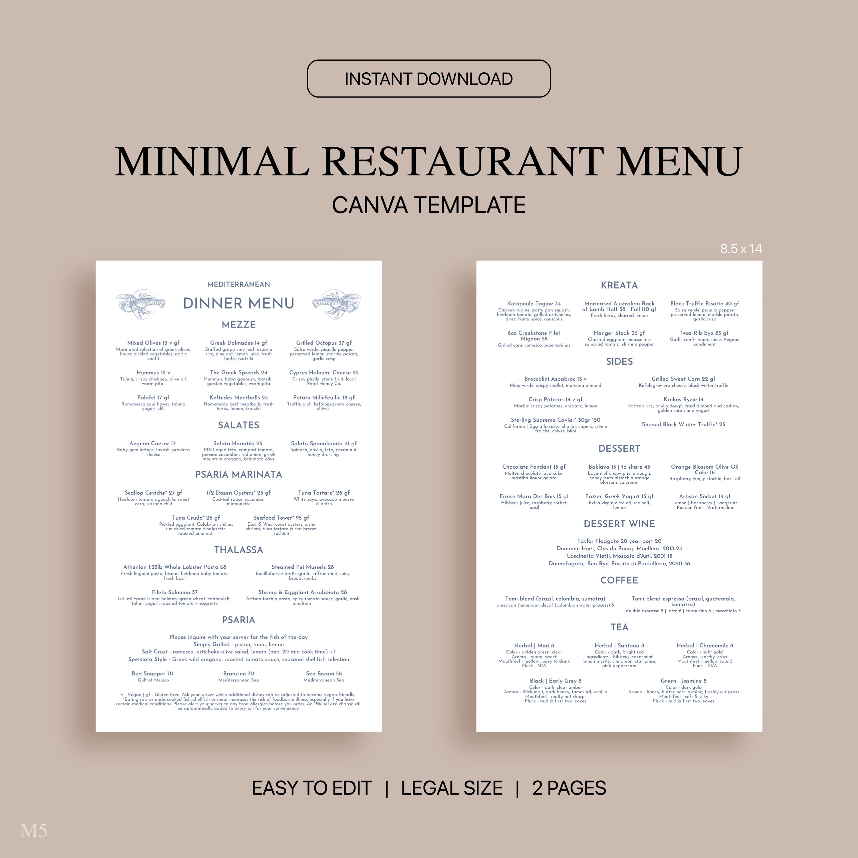 Minimal Restaurant Menu Canva Template (8.5x14 Legal Size) - Etsy