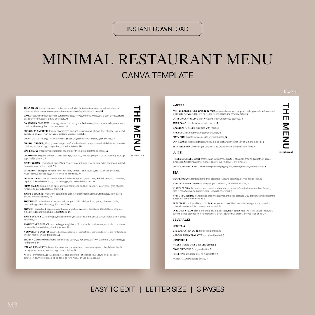 Minimal Restaurant Menu Canva Template, Editable Restaurant Menu ...