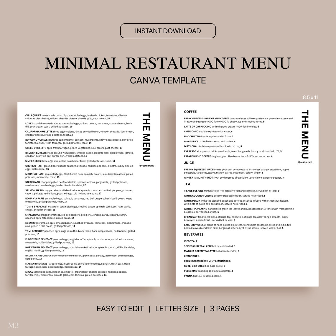 Minimal Restaurant Menu Canva Template (8.5x11) (instant Download) - Etsy
