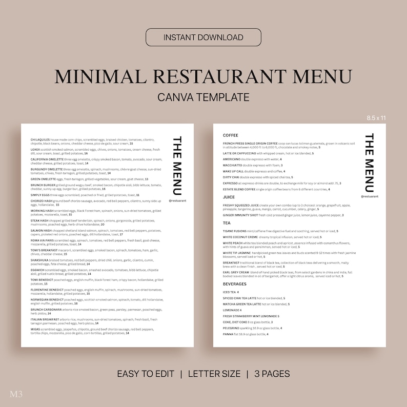 Minimal Restaurant Menu Canva Template, Editable Restaurant Menu ...