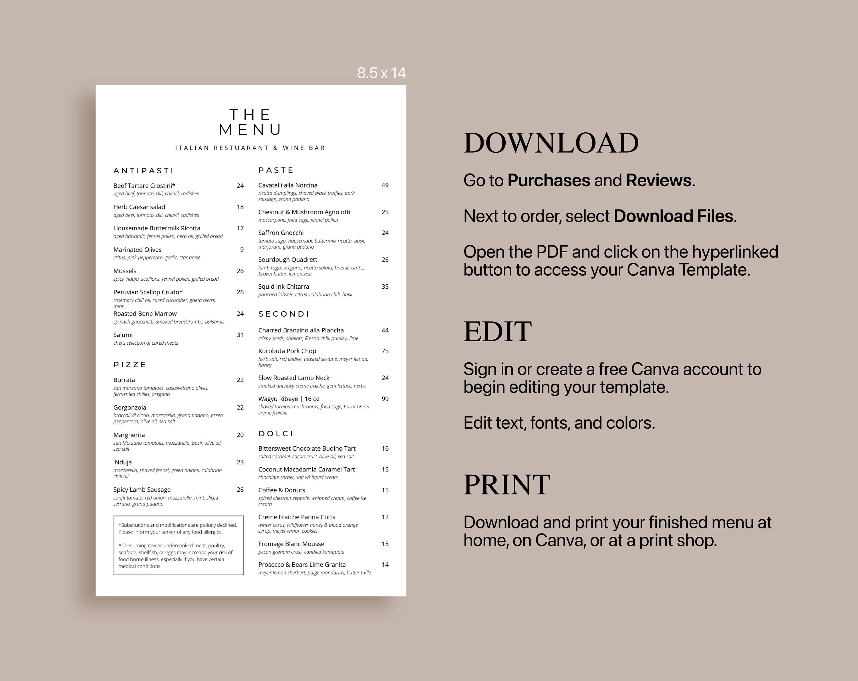 Minimal Restaurant Menu Canva Template Editable Restaurant - Etsy Canada
