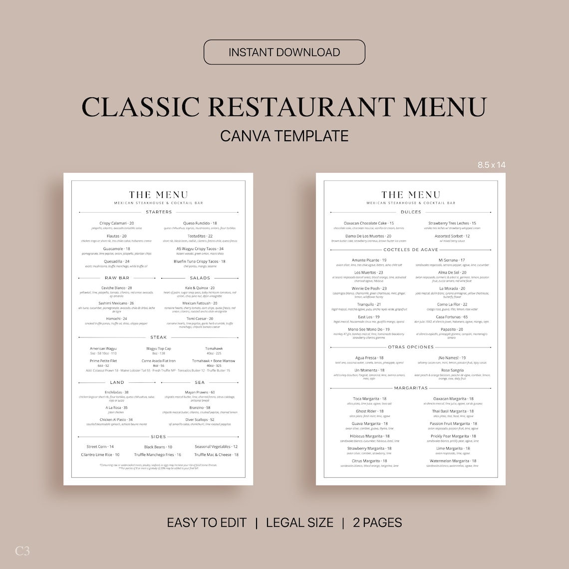 Classic Restaurant Menu Canva Template: Minimalist Design (instant ...