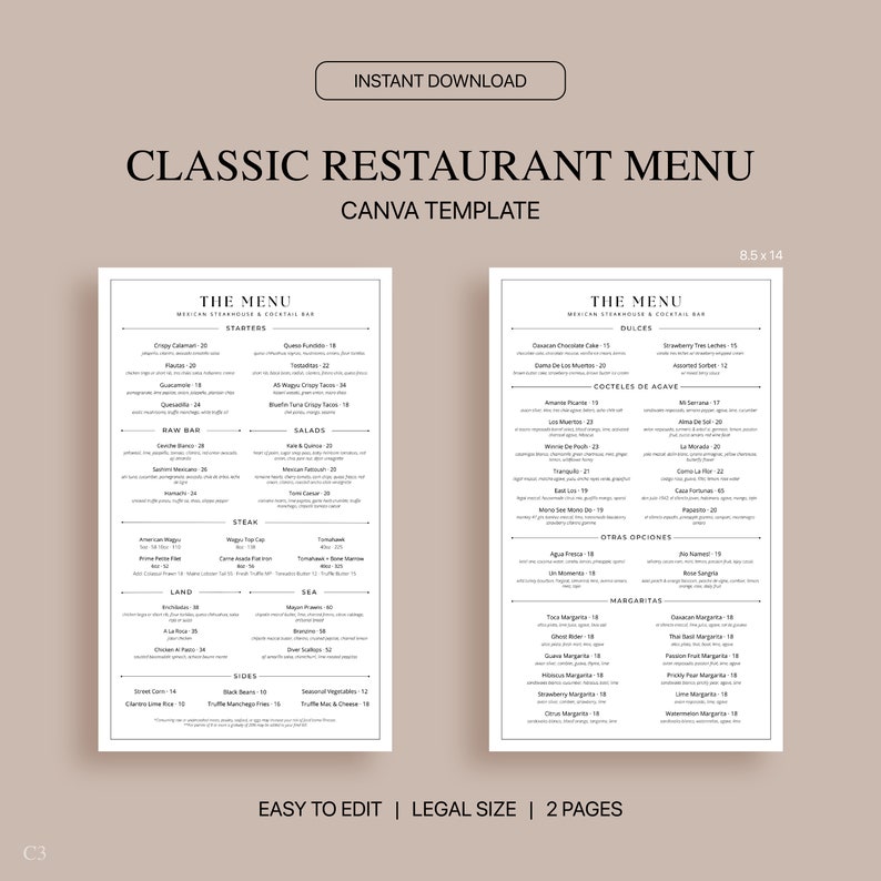 Classic Restaurant Menu Canva Template: Minimalist Design (instant ...