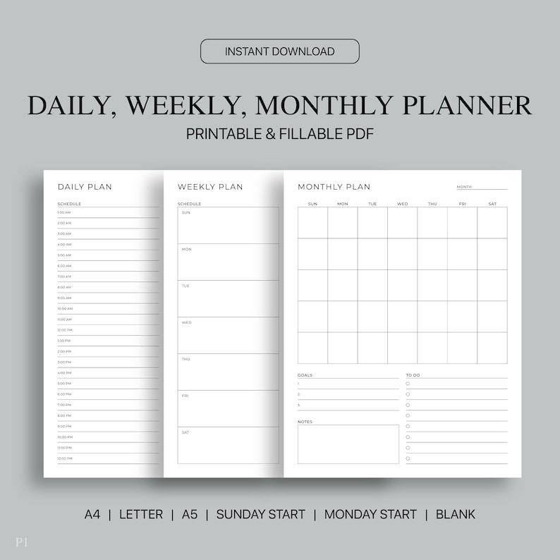 Printable Daily, Weekly, Monthly Planner Set (fillable PDF) - Etsy