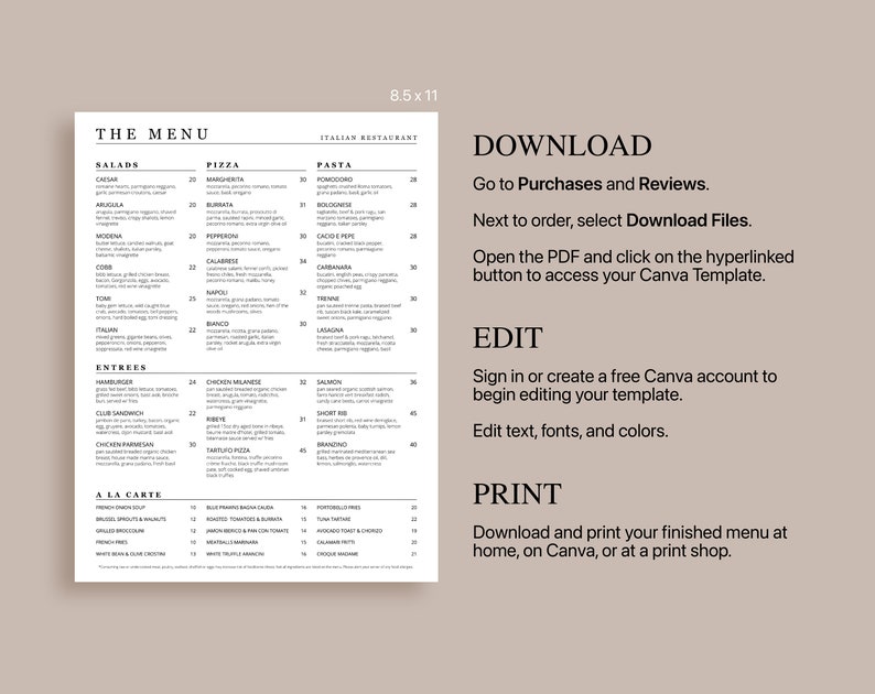 Classic Restaurant Menu Canva Template Editable Restaurant - Etsy Canada
