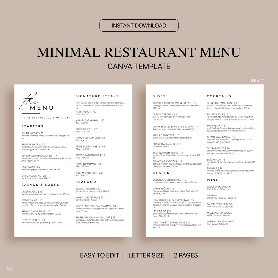 Minimal Restaurant Menu Canva Template: Editable 8.5x11 (instant ...