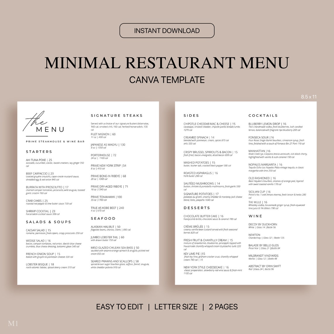Minimal Restaurant Menu Canva Template: Editable 8.5x11 (instant ...