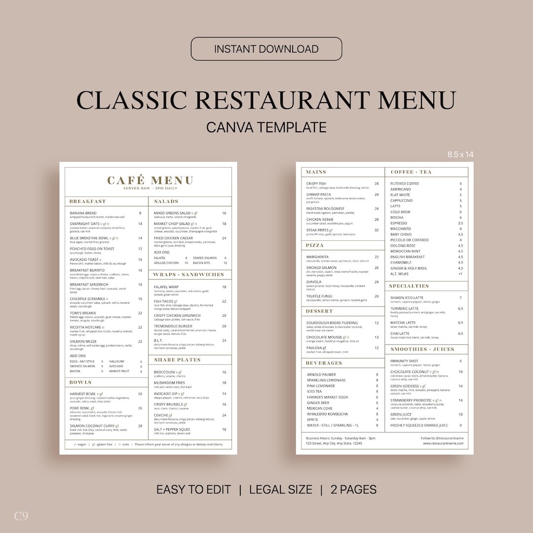 Classic Restaurant Menu Canva Template: Editable Cafe Design (instant ...