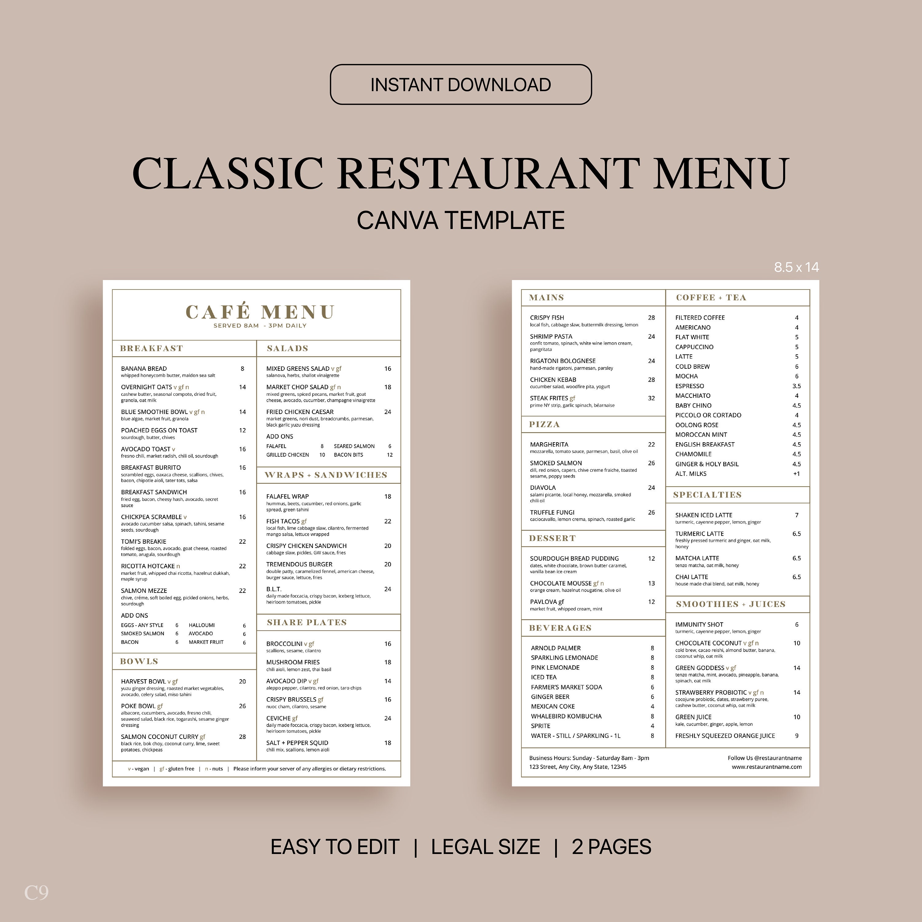 Classic Restaurant Menu Canva Template: Editable Cafe Design (instant ...
