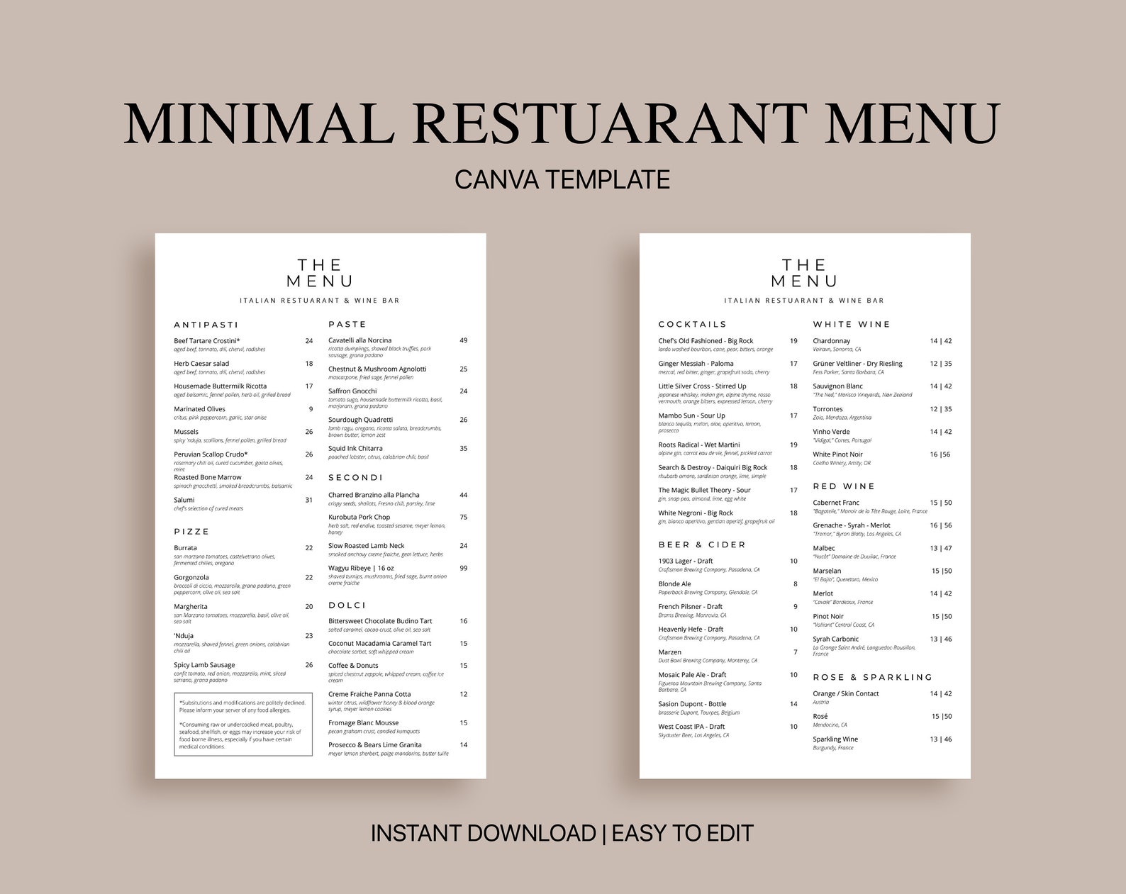Minimal Restaurant Menu Canva Template Editable Restaurant - Etsy