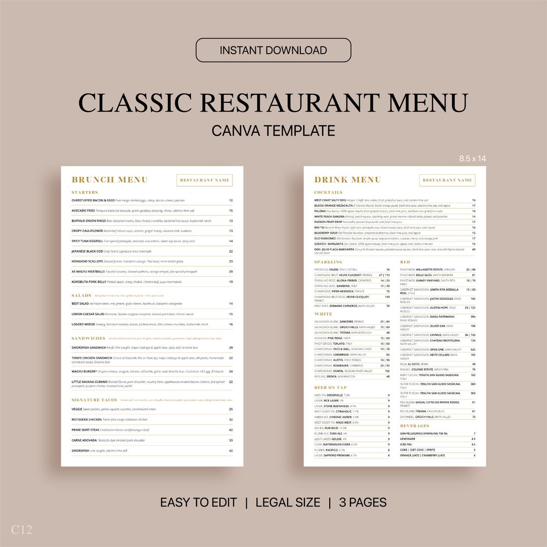 Restaurant Menu Template Canva, Editable Restaurant Menu, Canva Menu ...