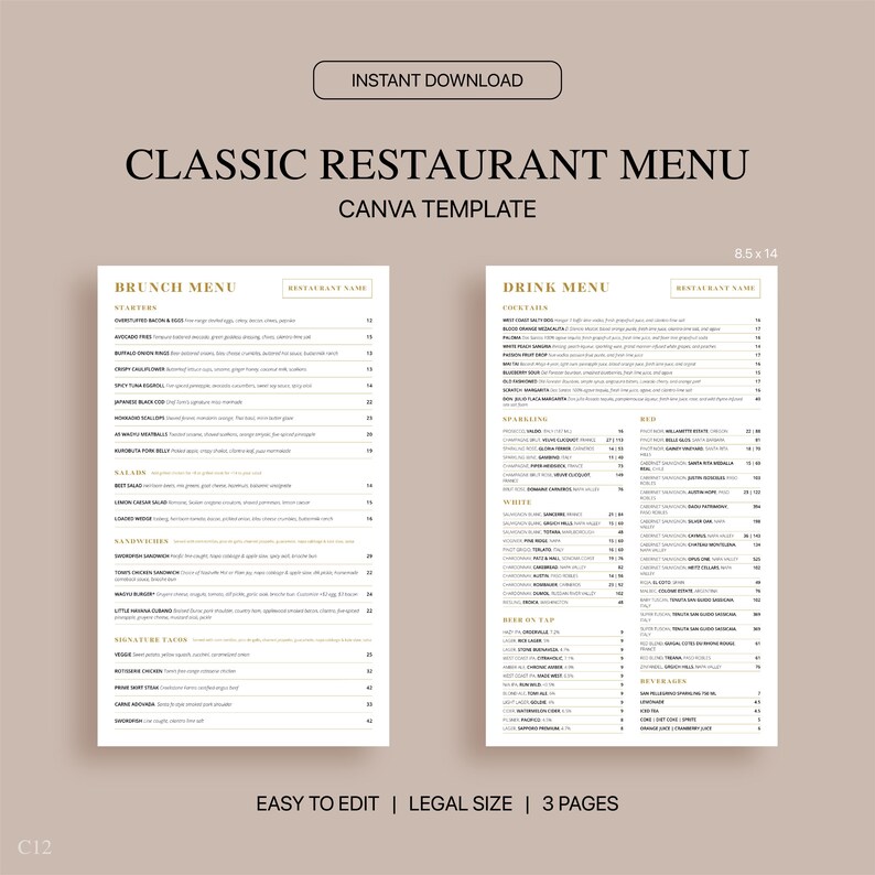 Restaurant Menu Template Canva, Editable Restaurant Menu, Canva Menu Template, Elegant ...