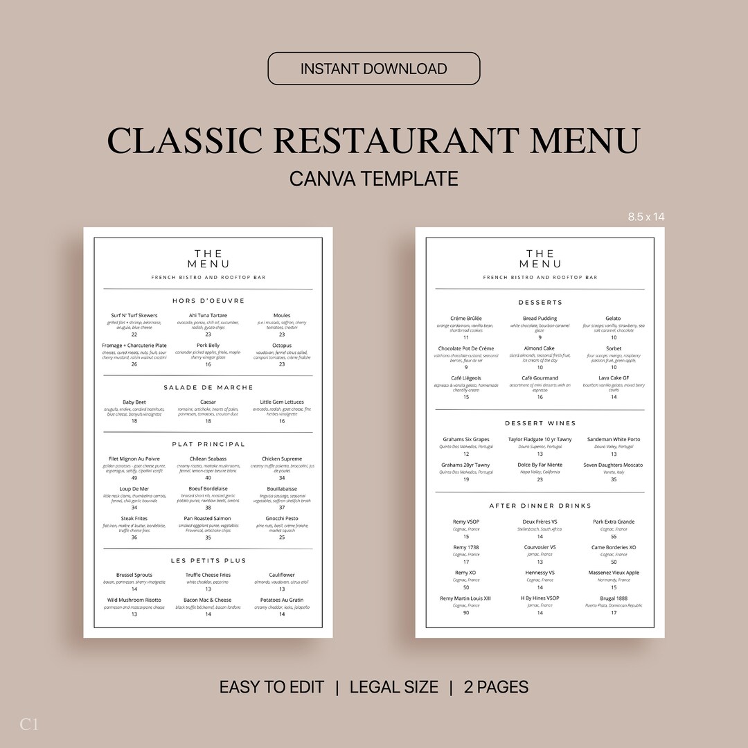 Classic Restaurant Menu Canva Template, Editable Restaurant Menu ...