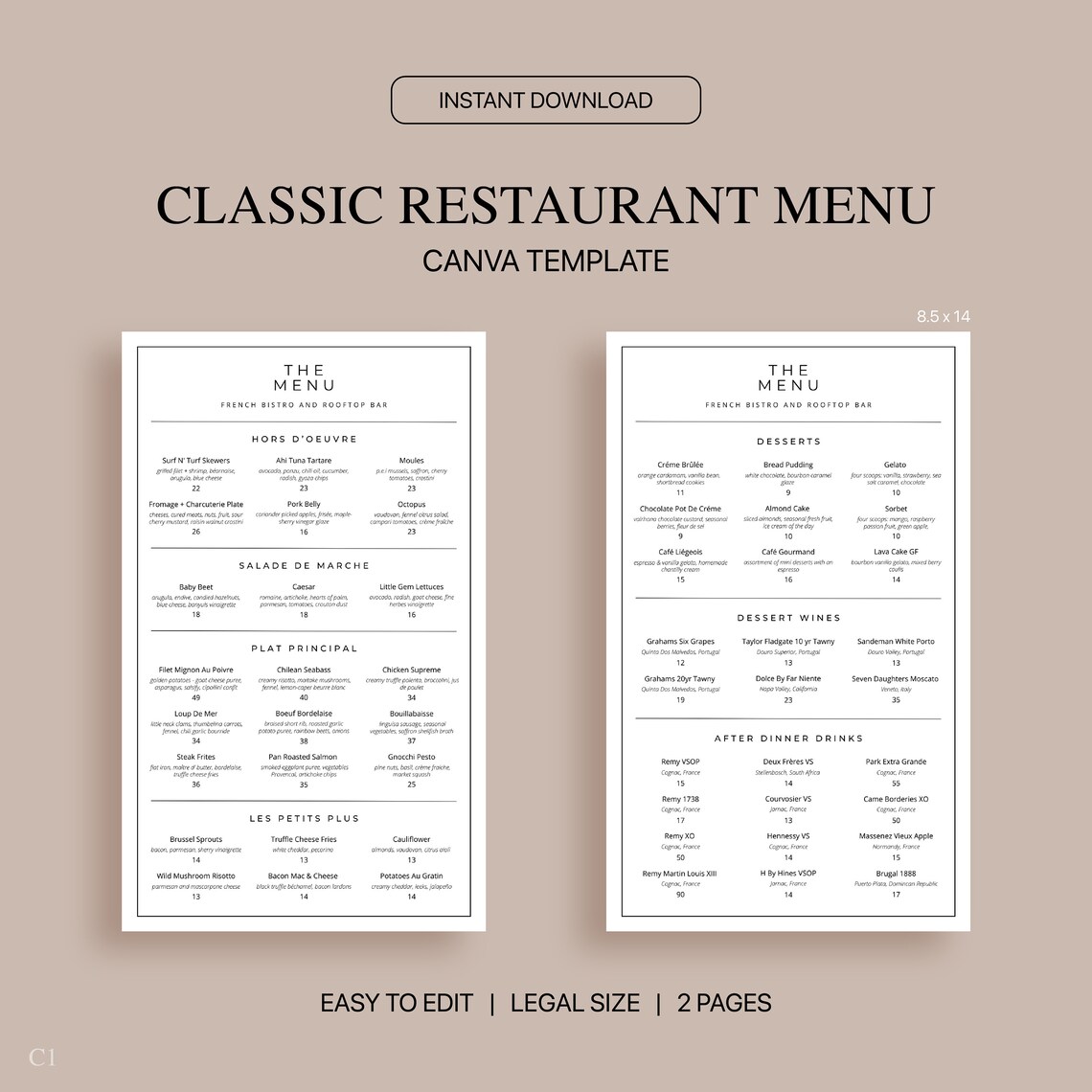Classic Restaurant Menu Canva Template, Editable Restaurant Menu ...