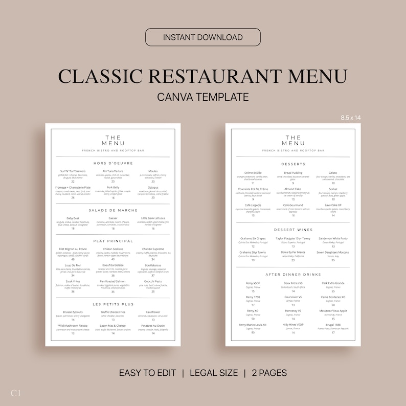 Classic Restaurant Menu Canva Template, Editable Restaurant Menu ...