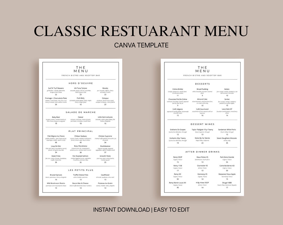 Classic Restaurant Menu Canva Template Editable Restaurant - Etsy