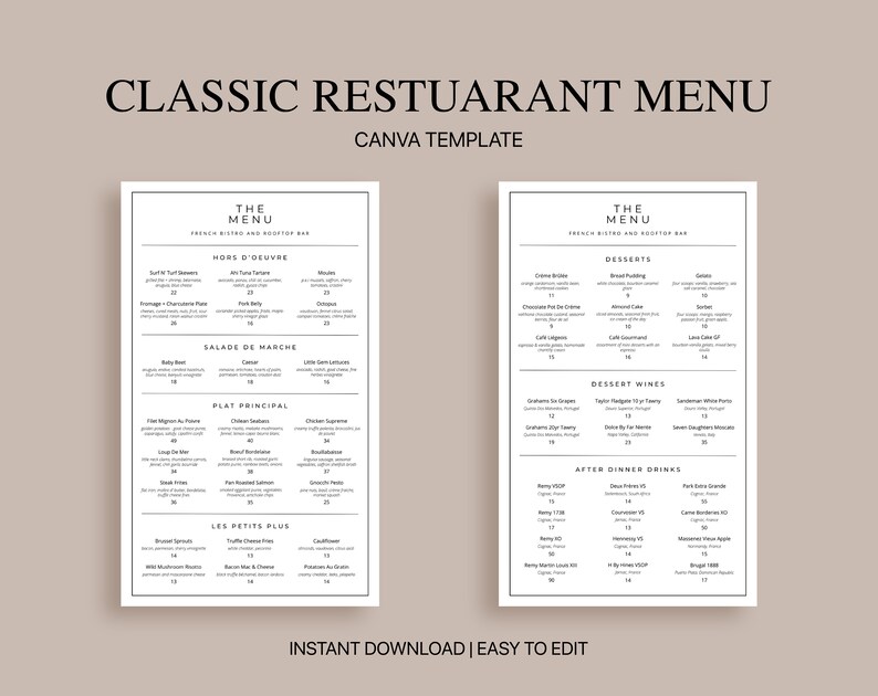 Classic Restaurant Menu Canva Template Editable Restaurant - Etsy