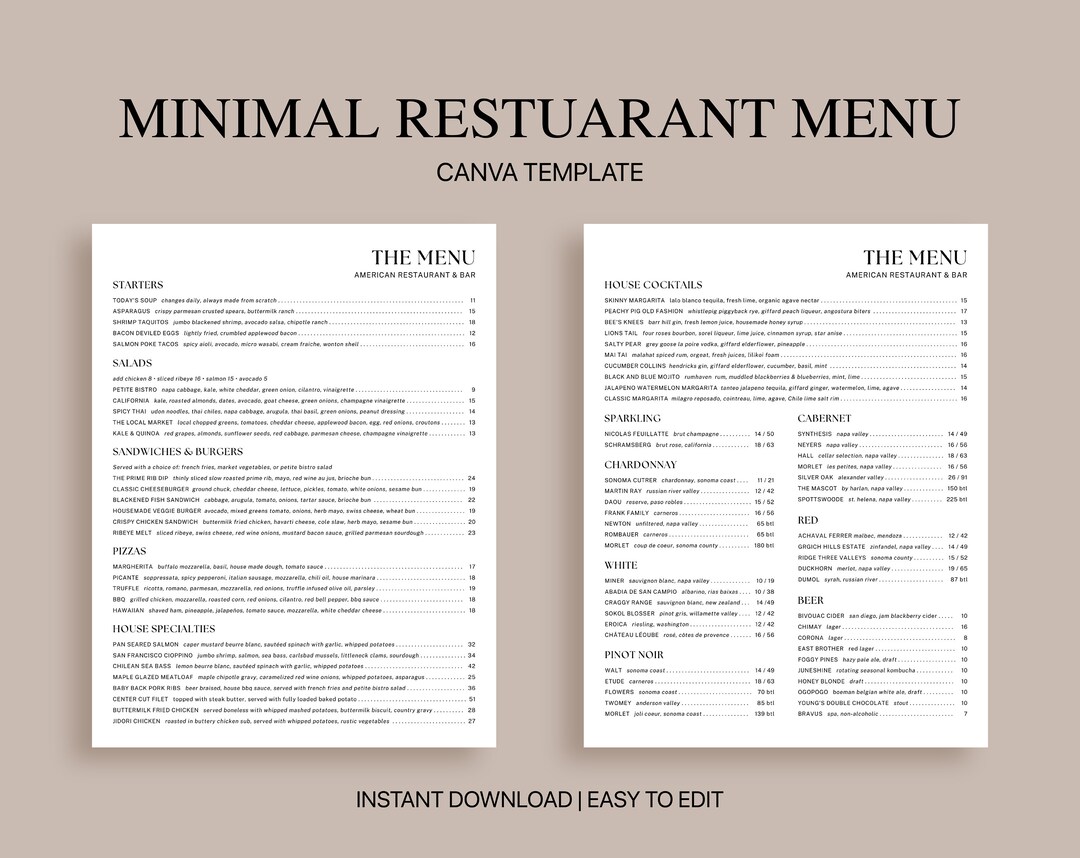 Minimal Restaurant Menu Canva Template Editable Restaurant - Etsy
