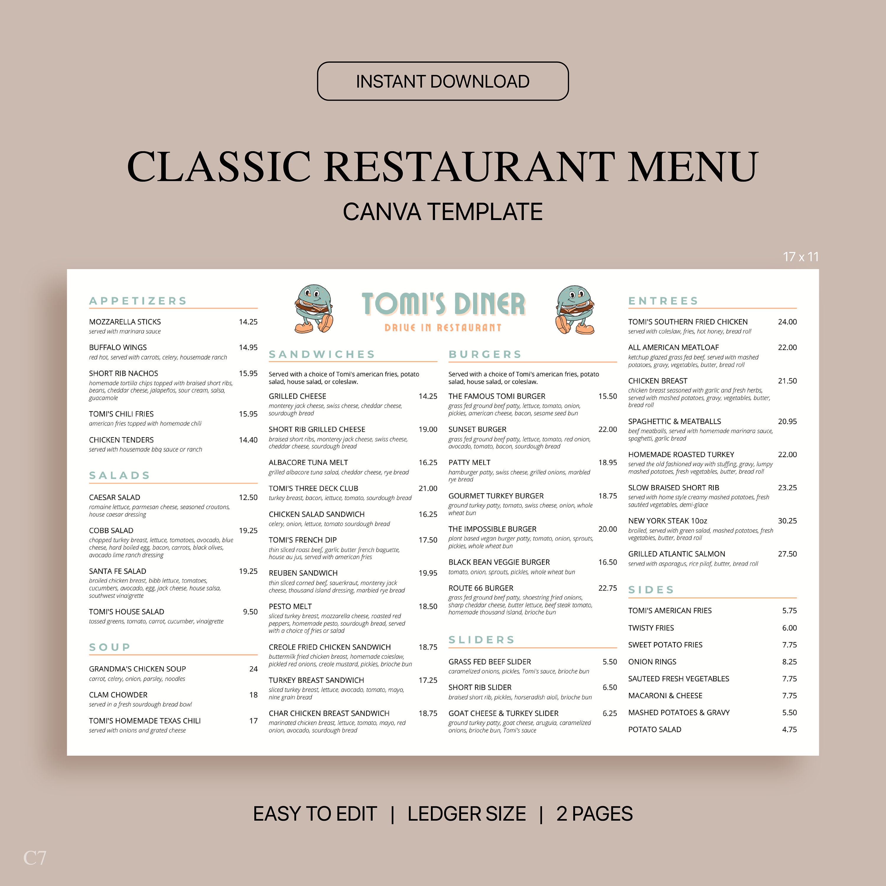 Restaurant Menu Canva Template: Classic Diner Design (ledger Size ...