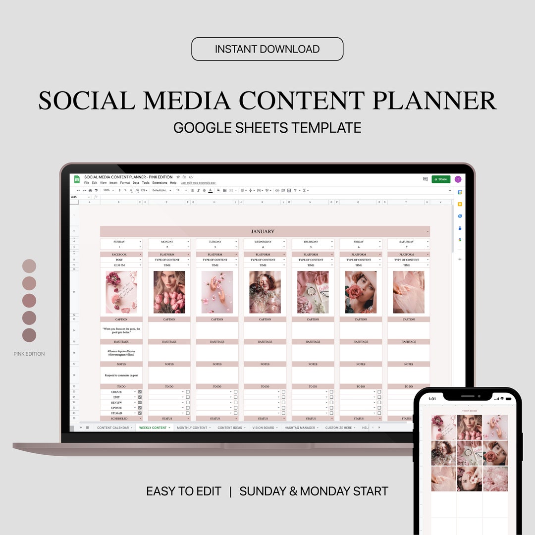 Content Planner Google Sheets, Social Media Content Calendar, Social ...