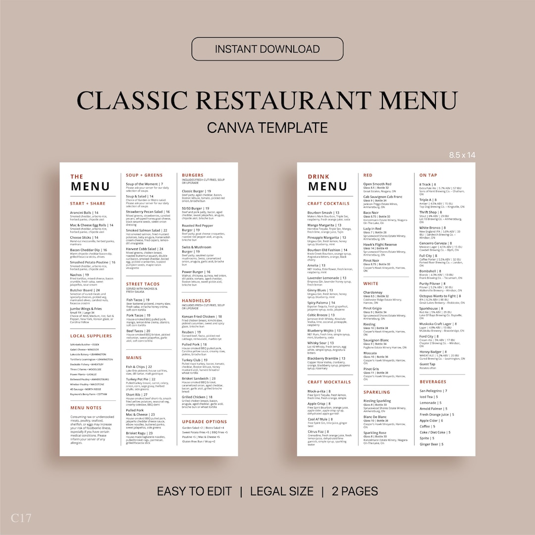 Classic Restaurant Menu Template, Canva Restaurant Template, Editable ...