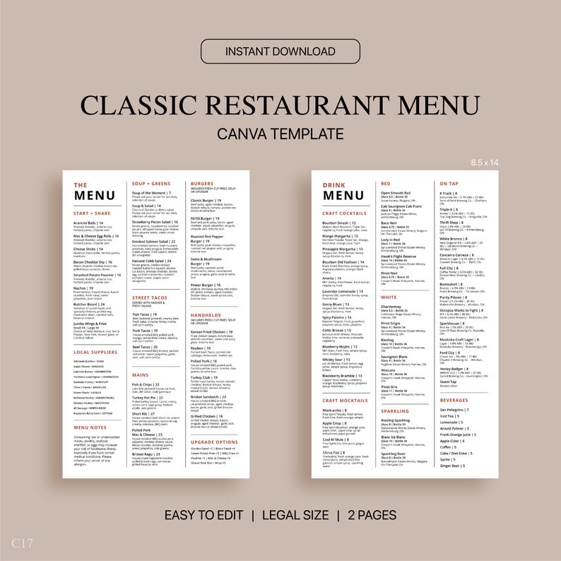 Classic Restaurant Menu Template, Canva Restaurant Template, Editable ...