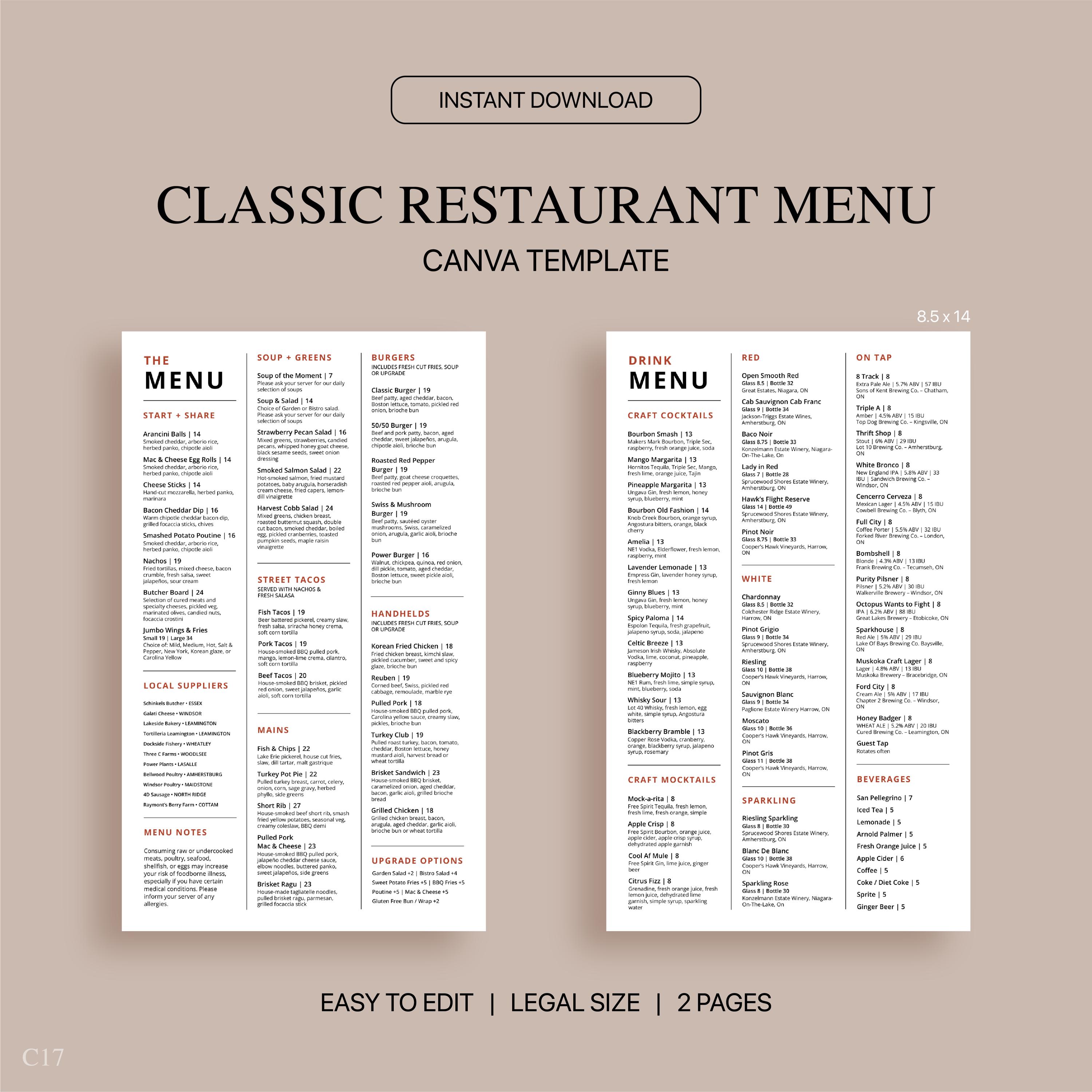 Classic Restaurant Menu Template, Canva Restaurant Template, Editable ...