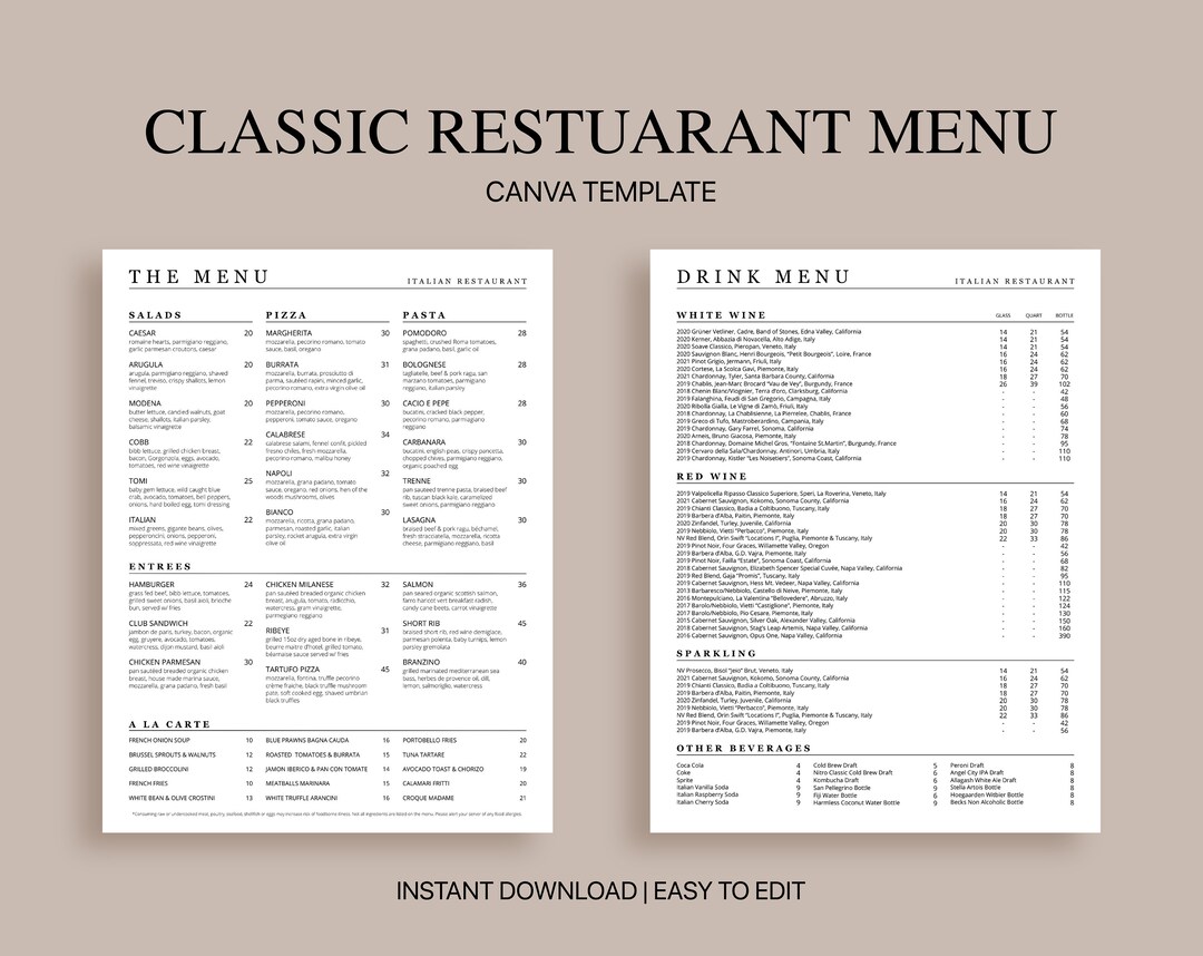 Classic Restaurant Menu Canva Template Editable Restaurant - Etsy Canada